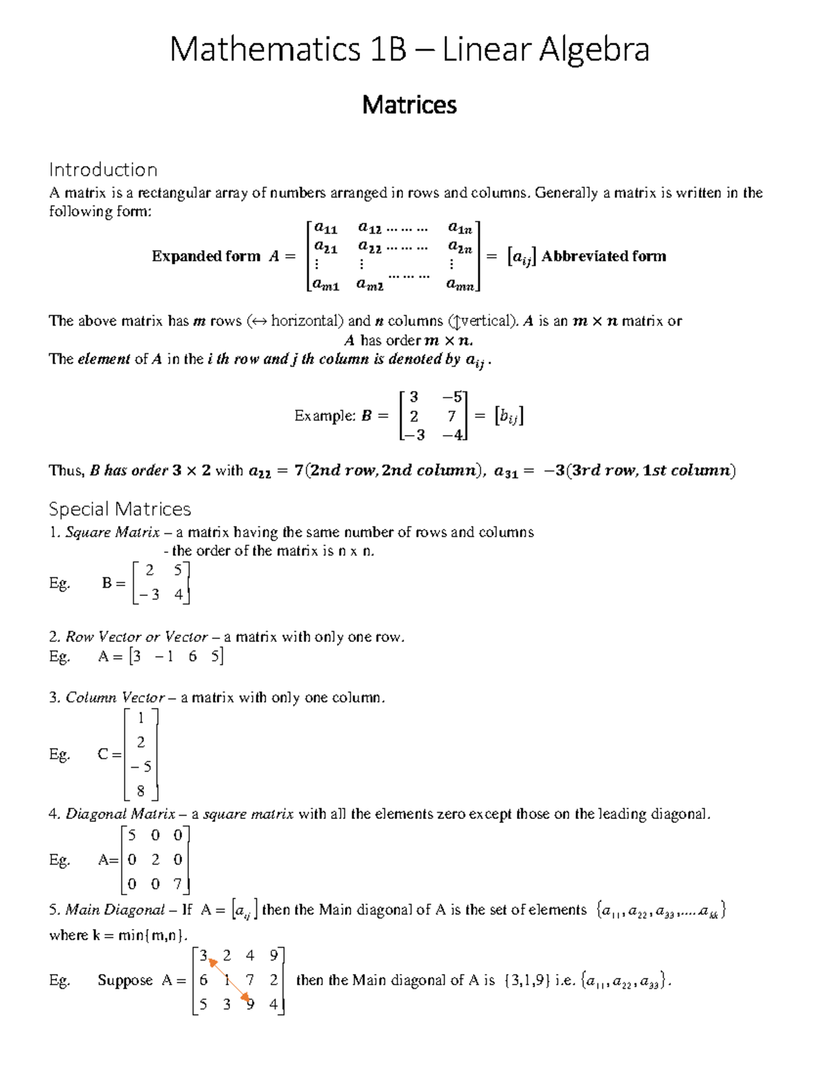 Mathematics 1B: Introduction to Matrices and Linear Algebra Notes - Studocu