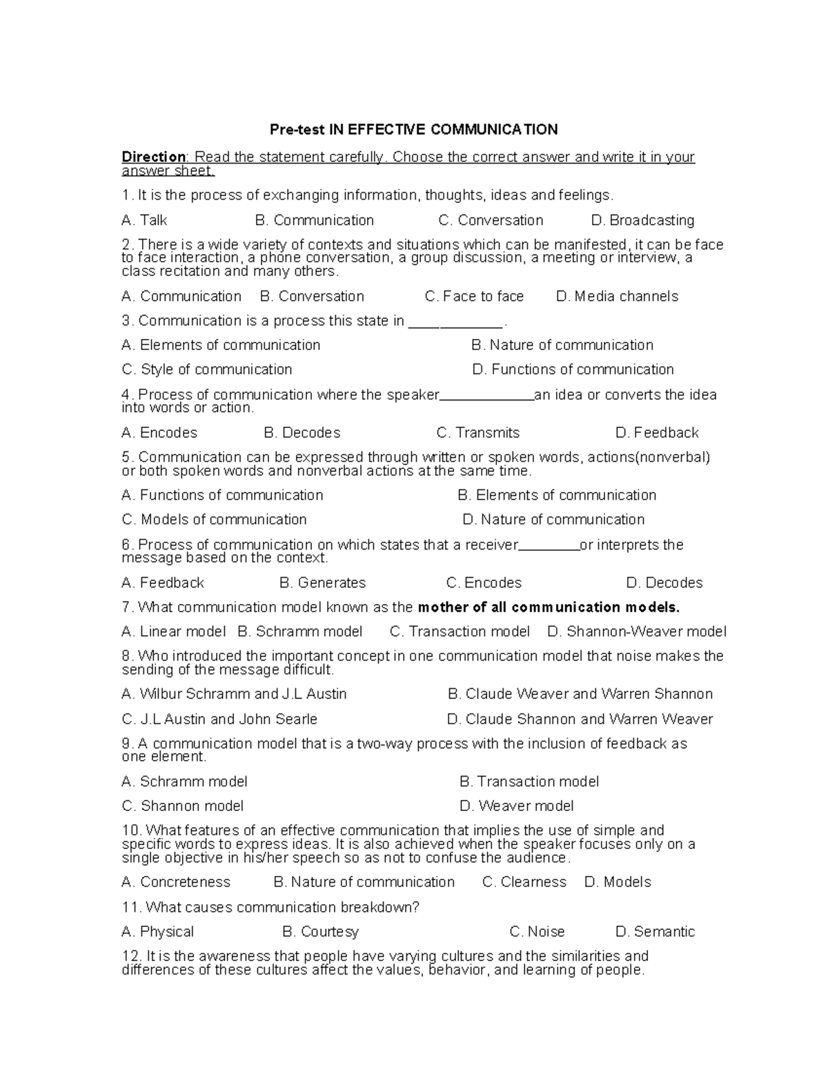 Pre-Test: Effective Communication (Course Code: COM101) - Studocu