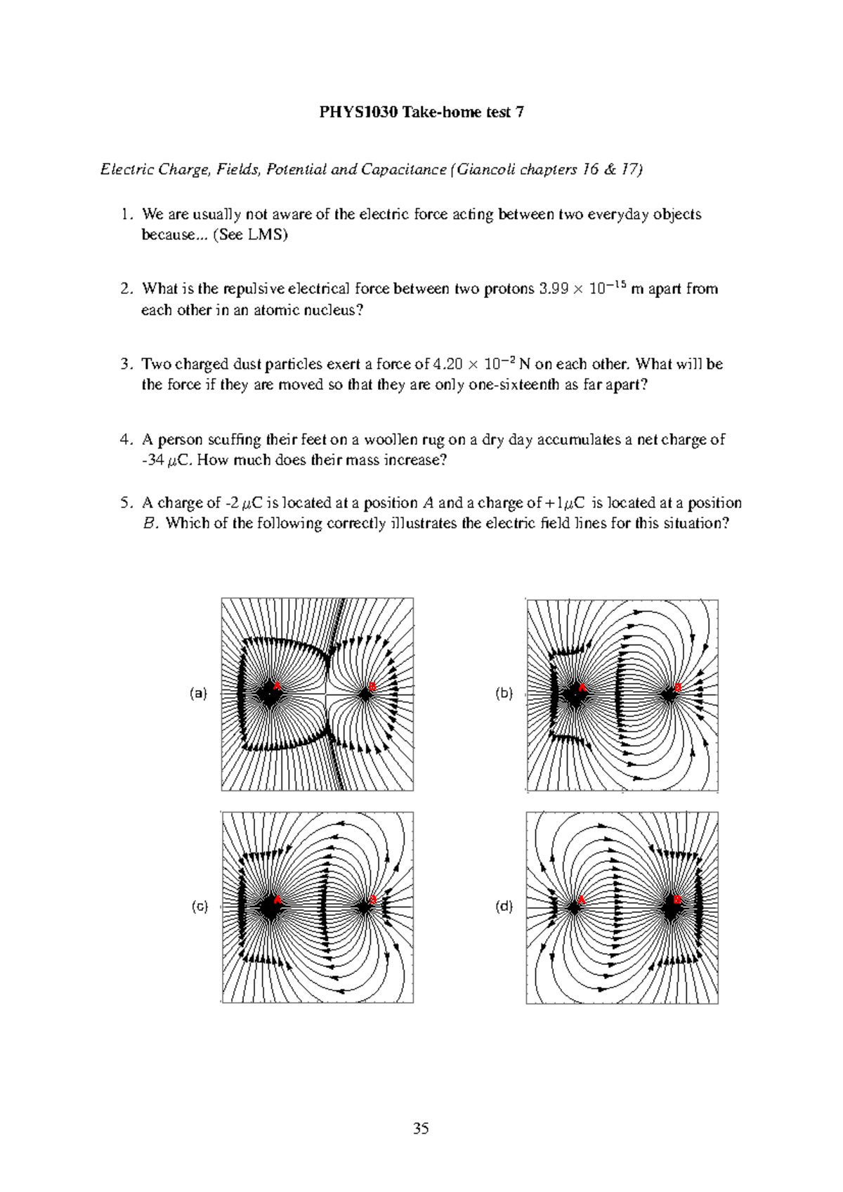 Set 7 Take-Home Test PHYS1030: Electric Charge & Fields - Studocu