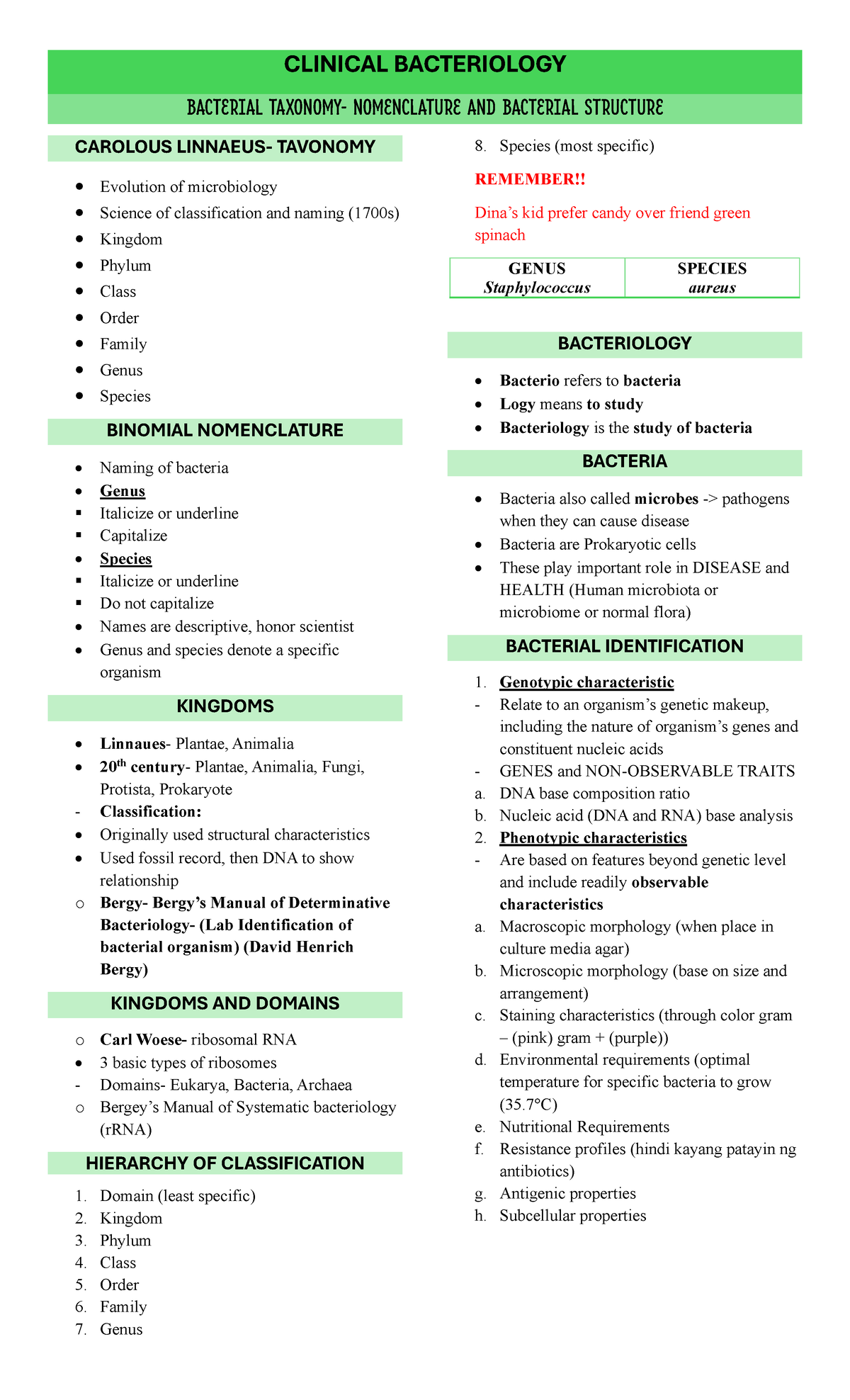 Bacte 8: Bacterial Taxonomy, Nomenclature & Structure Overview - Studocu
