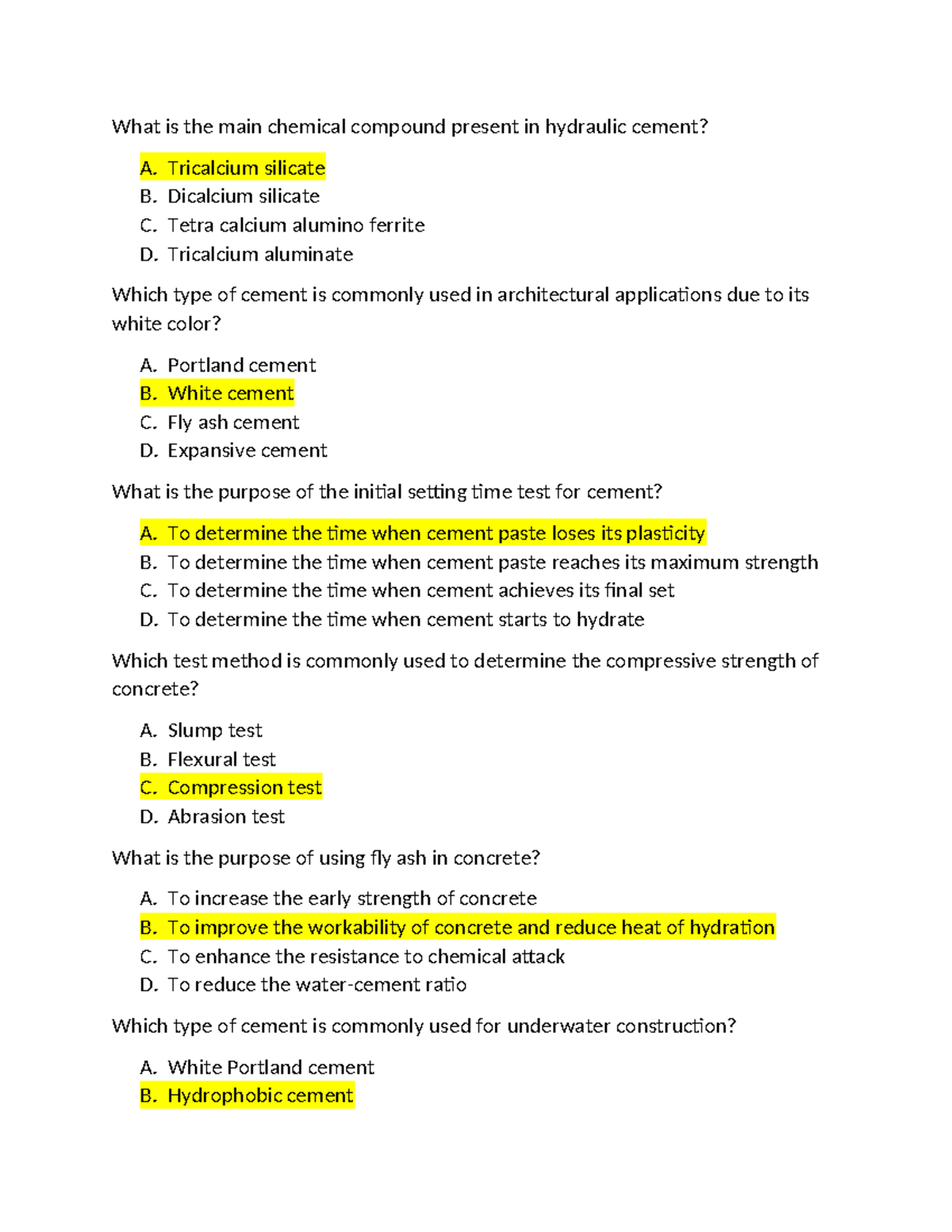 CEM 201: Hydraulic Cement and Concrete Mixes Quiz Notes - Studocu