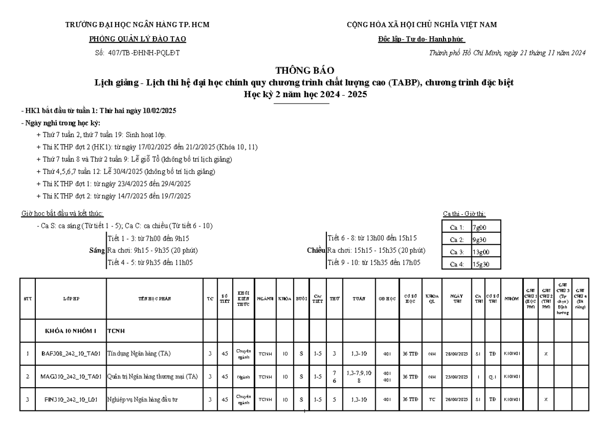 Lịch Giảng và Thi HK2 Năm Học 2024-2025 CT TABP CLC - Studocu