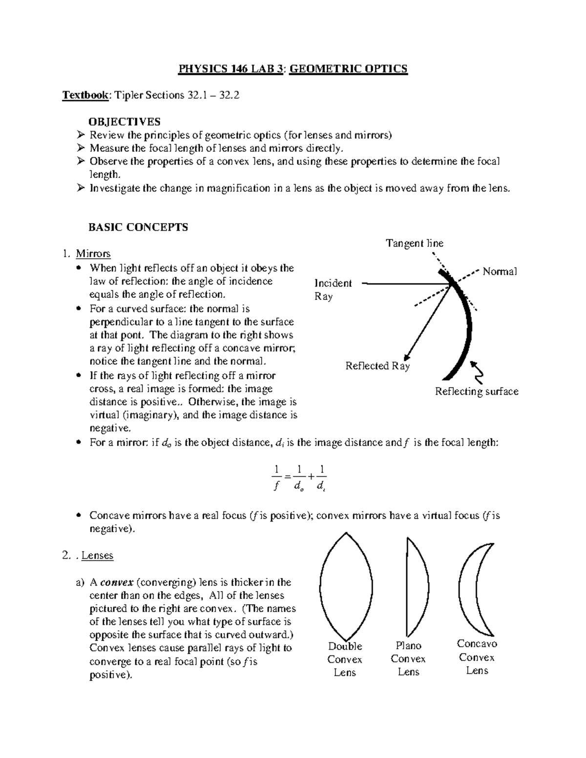 Lab #3 - Geometric Optics - PHYSICS 146 LAB 3: GEOMETRIC OPTICS ...