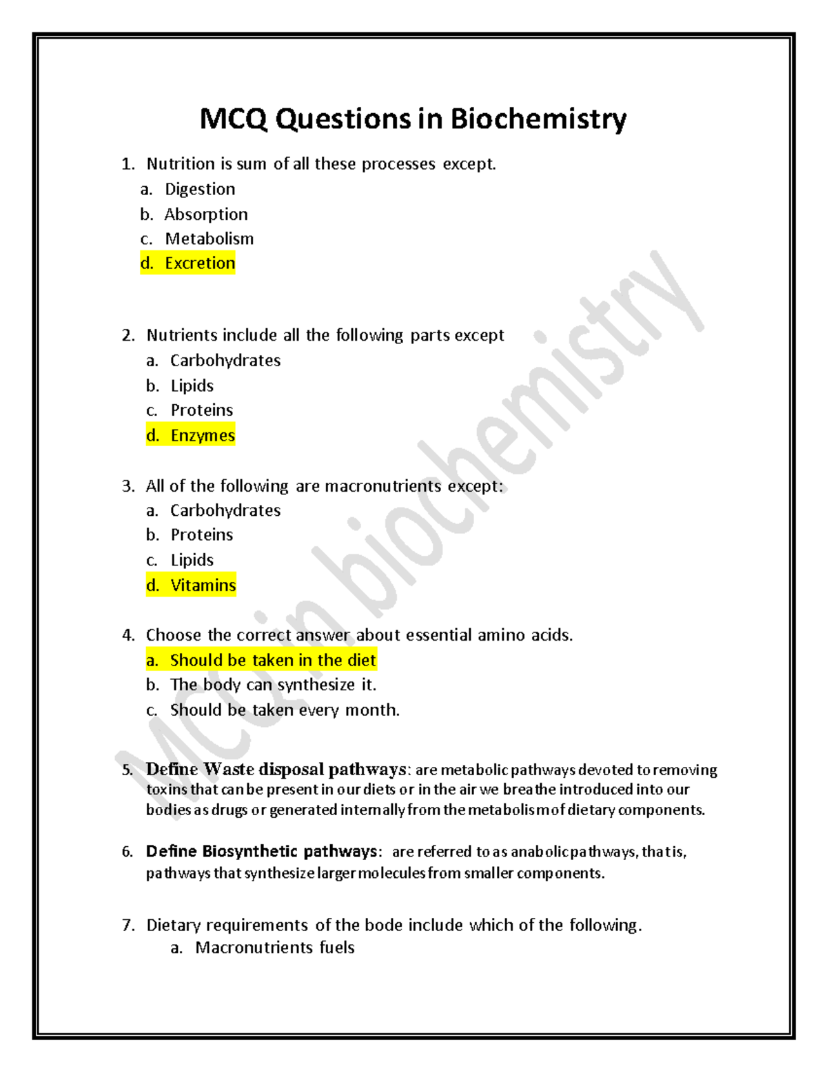 MCQs and Definitions in Biochemistry - Quiz Prep Materials - Studocu