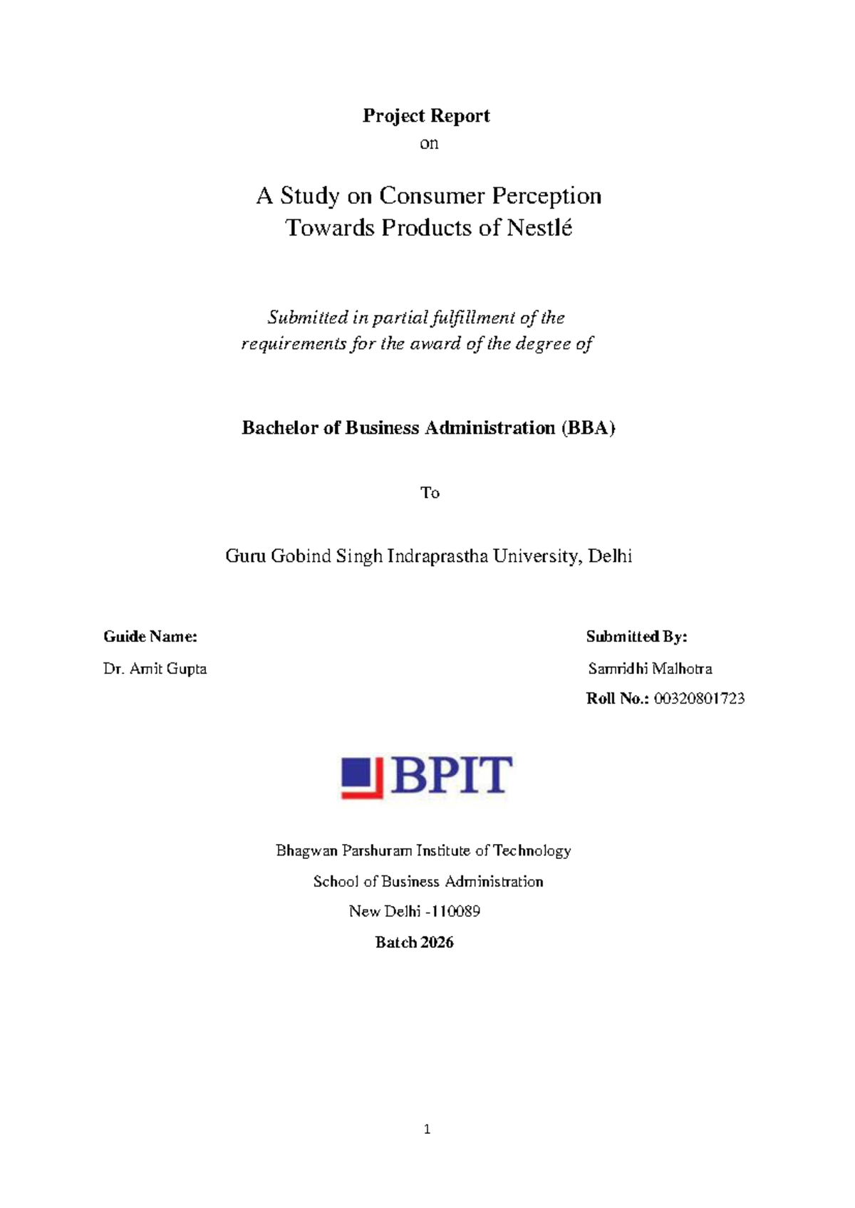 BBA Project Report: Consumer Perception of Nestlé Products - Studocu