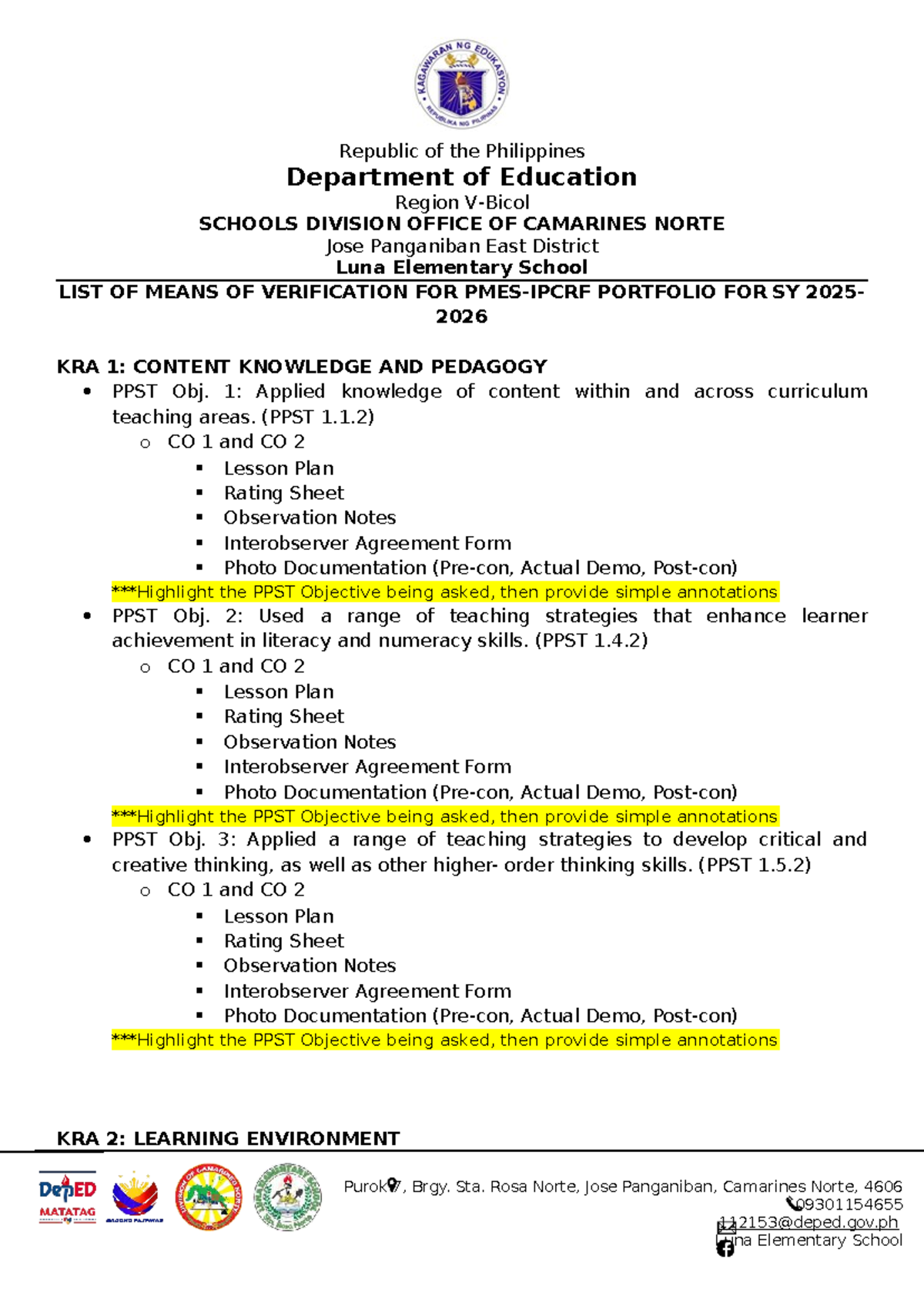 LIST OF MOV for PMES IPCRF Portfolio SY 2025-2026 - Studocu