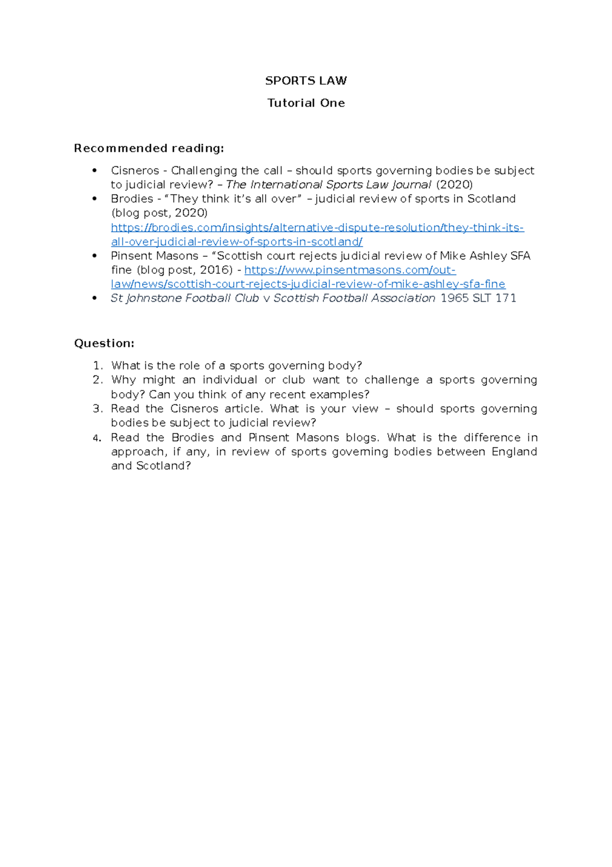 Tutorial One - SPORTS LAW Tutorial One Recommended reading: Cisneros ...