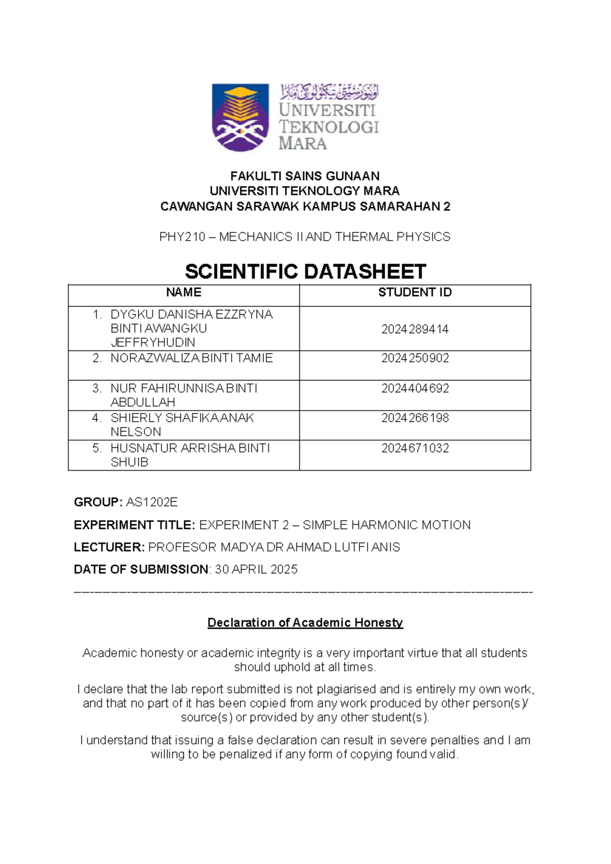LAB Report PHY210: Simple Harmonic Motion Experiment 2 - Studocu