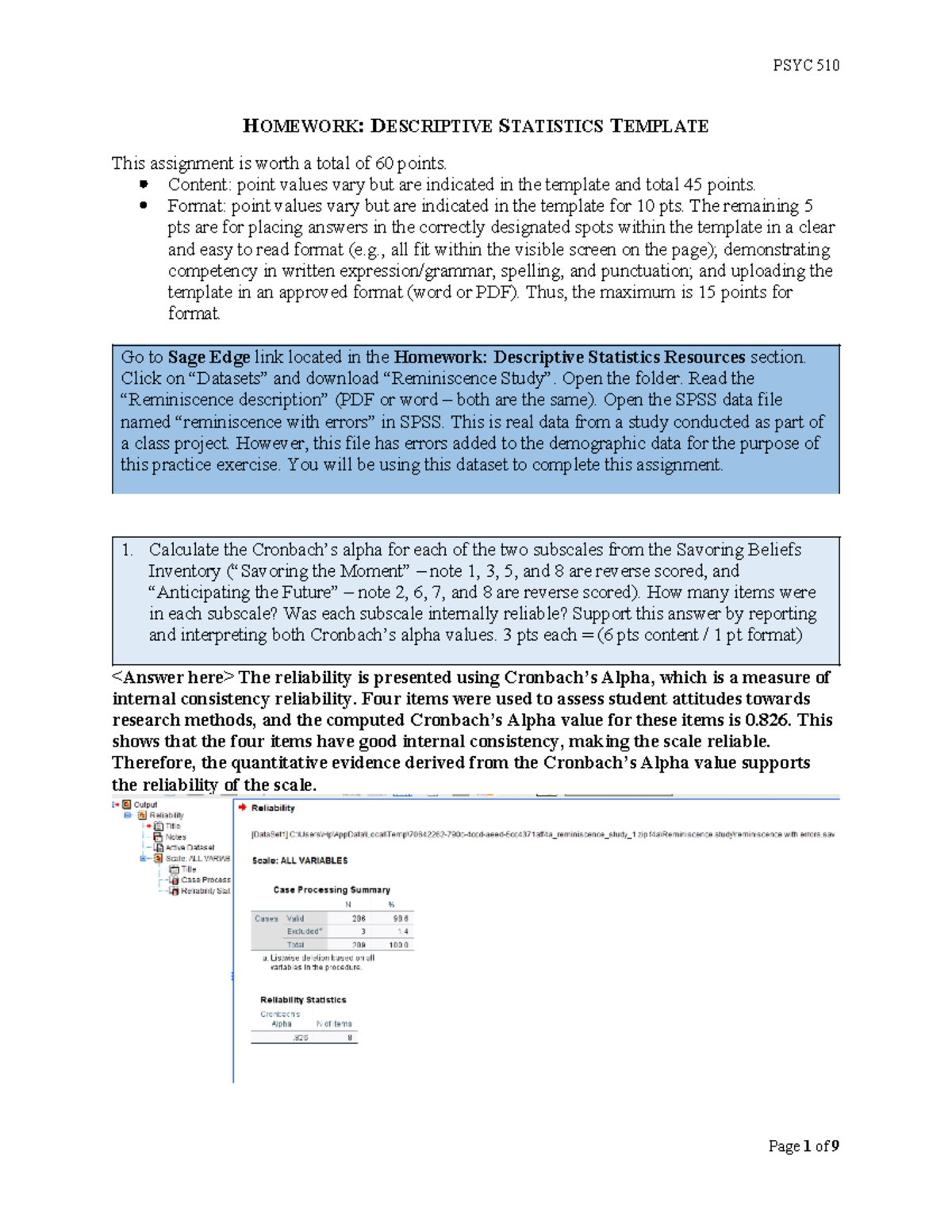 Pryor HW: Descriptive Stats & SPSS Analysis Template - Studocu