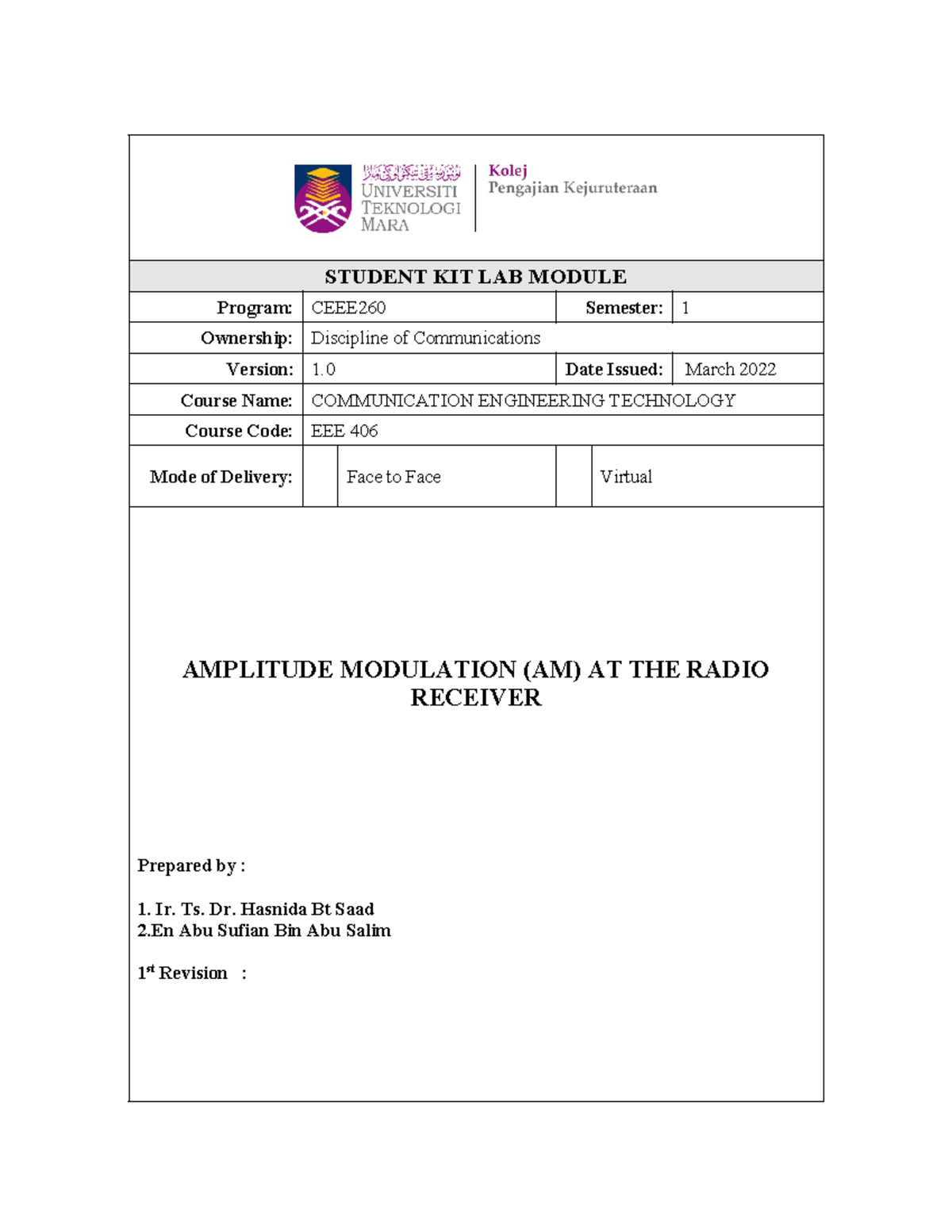 EEE406 M3 F2F Student Kit: Amplitude Modulation in Radio Receivers ...