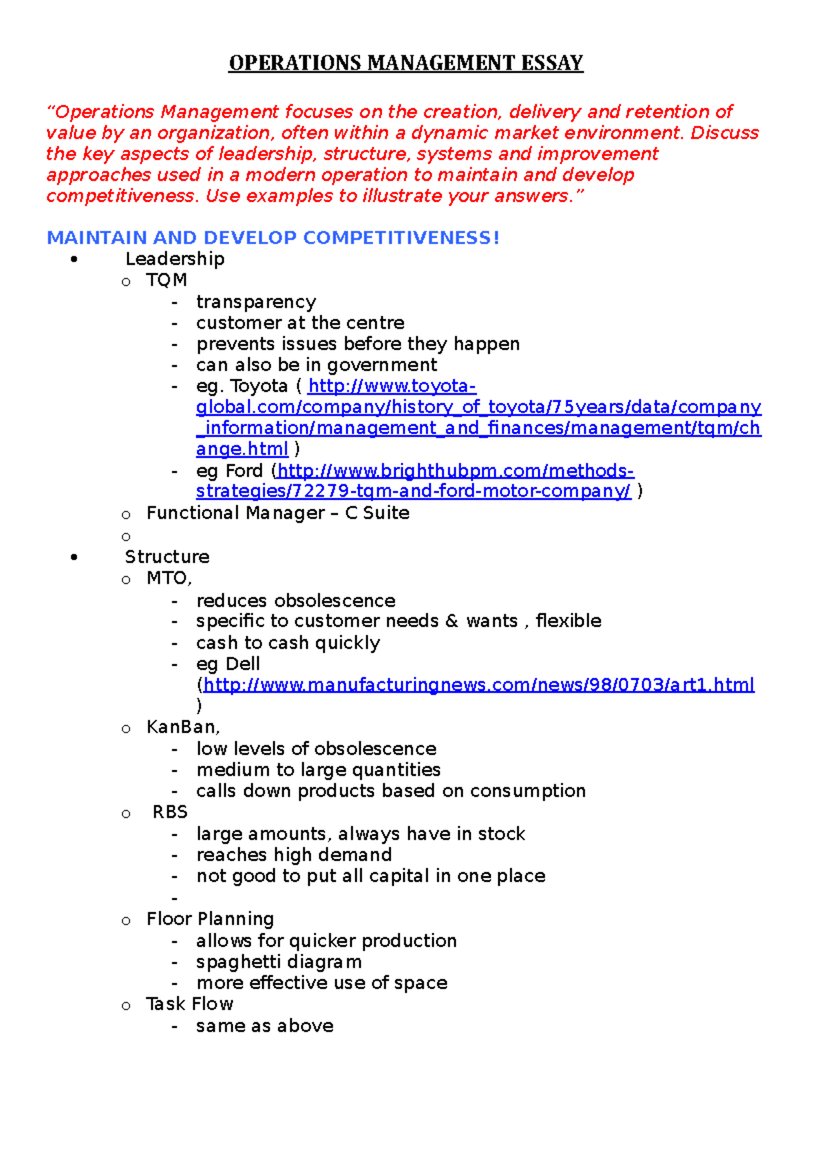 Operations Management Essay Analysis: Leadership, Systems & Improvement ...