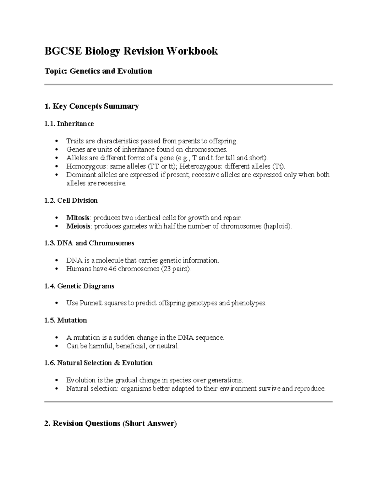 BGCSE Biology Revision Workbook: Genetics & Evolution Key Concepts ...