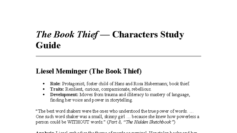 The Book Thief Character Analysis Guide: Liesel & Others - Studocu