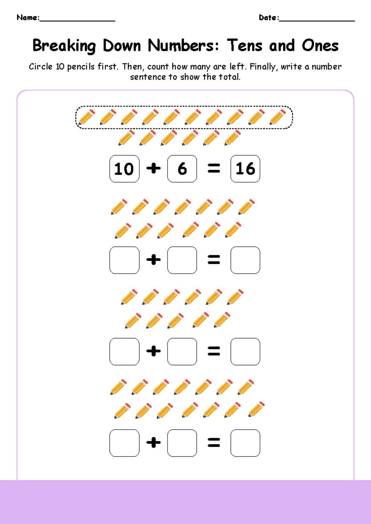 Breaking Down Numbers: Tens and Ones with Pencils - 1st Grade Worksheet ...
