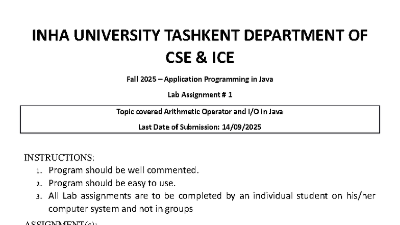 CSE ICE Fall 2025 Lab Assignment 1: Java Arithmetic Operators - Studocu