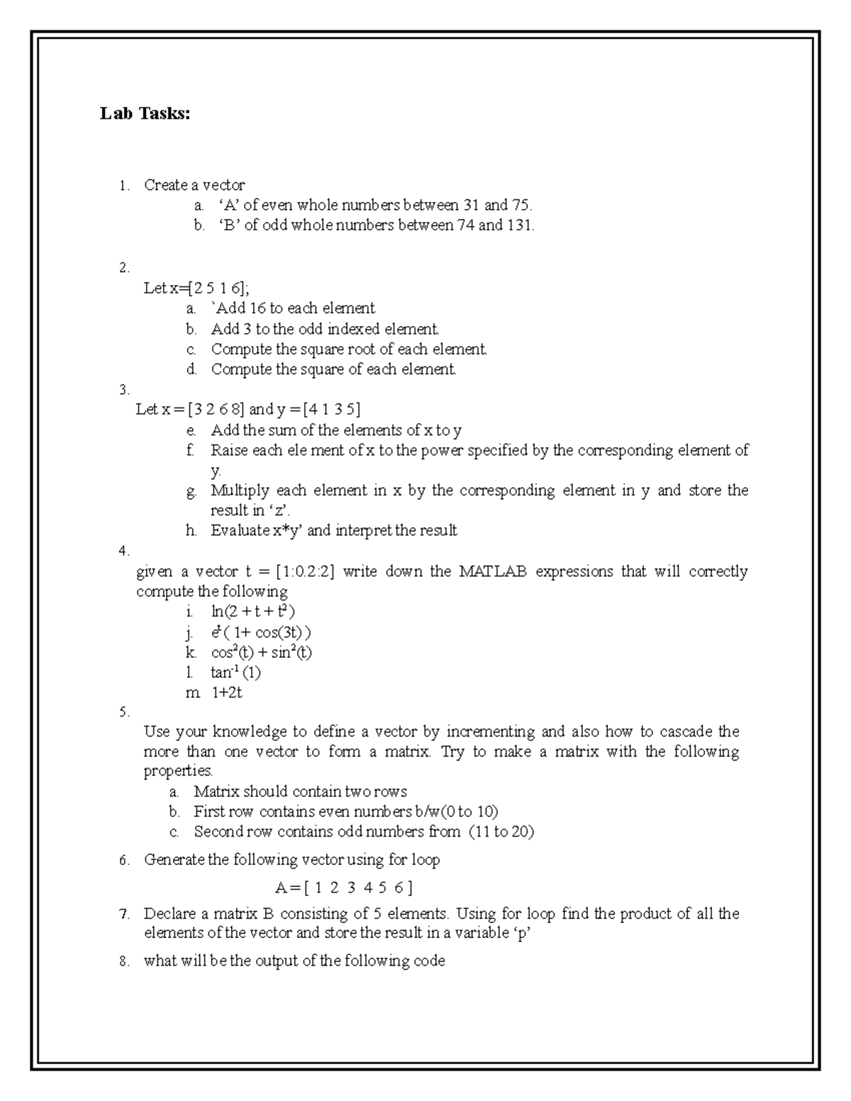 Lab 01 - MATLAB Tutorial: Vector Operations and Functions - Studocu