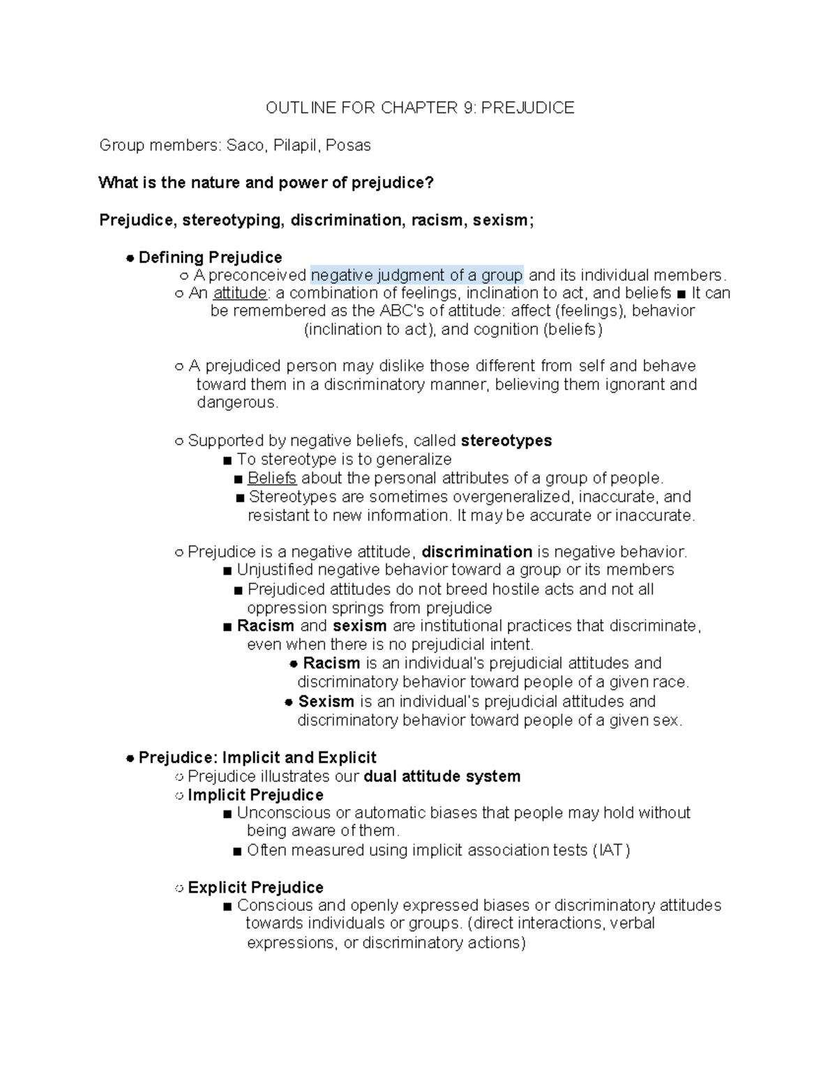 Soc Psych Chapter 9 - (Prejudice) - OUTLINE FOR CHAPTER 9: PREJUDICE ...