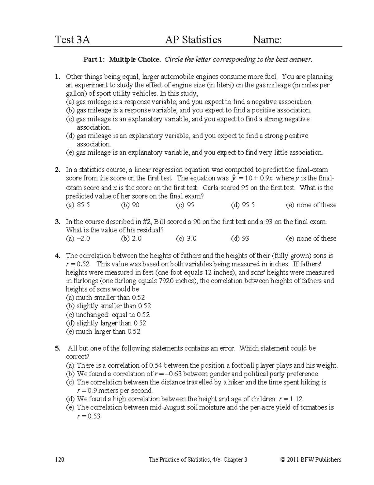 3A - chapter 3a practise work - 120 The Practice of Statistics, 4/e ...