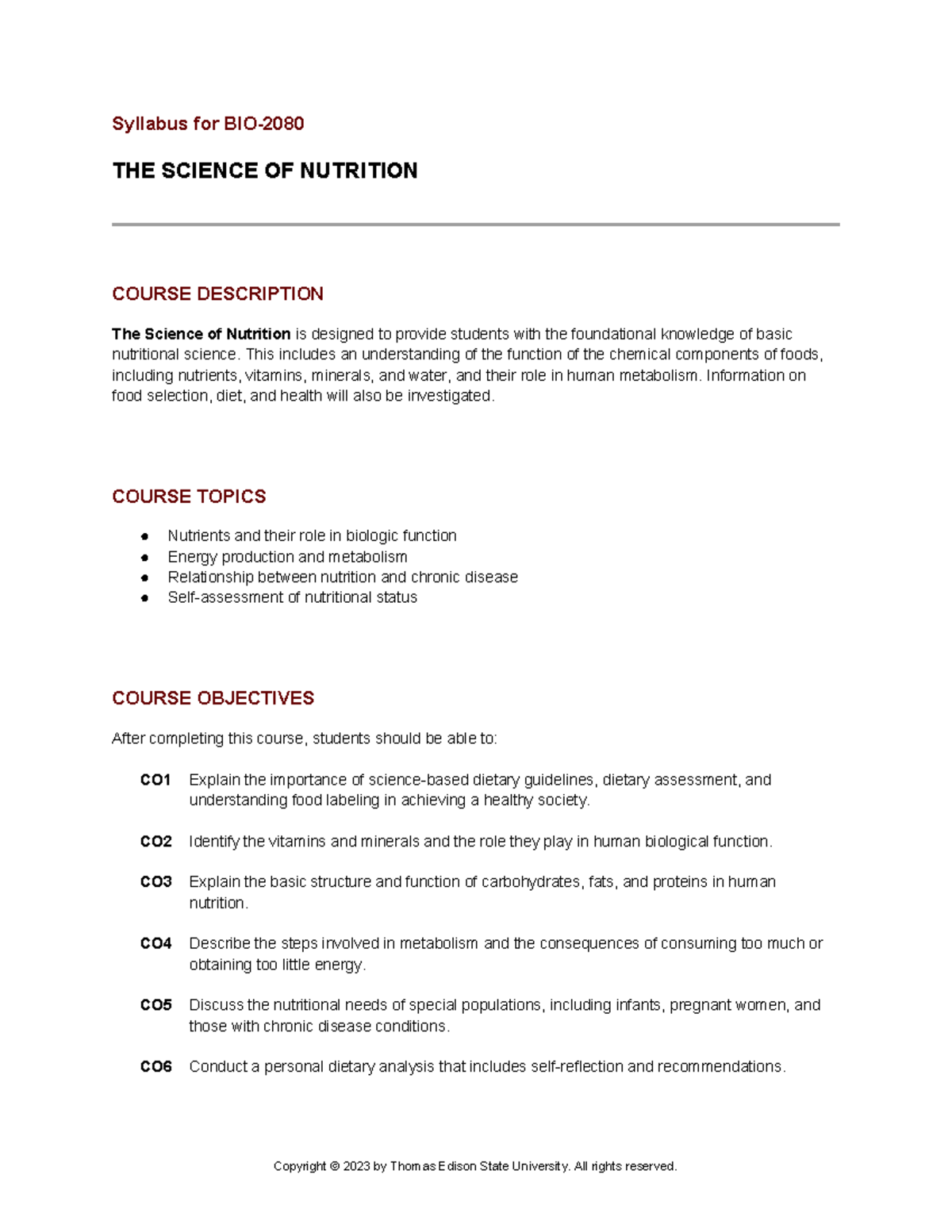 Syllabus for BIO-2080: The Science of Nutrition Course - Studocu