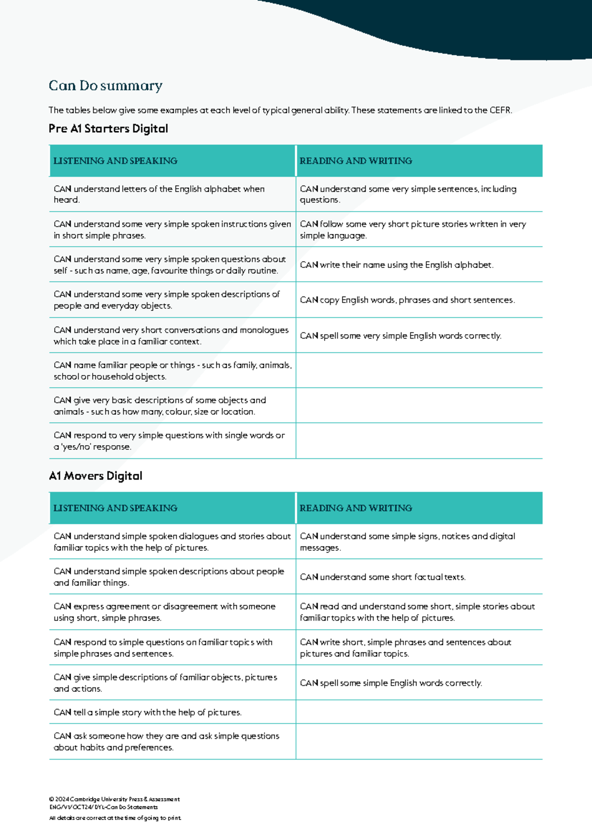 Can Do Statements for Pre A1 Starters & A1 Movers Digital - Studocu