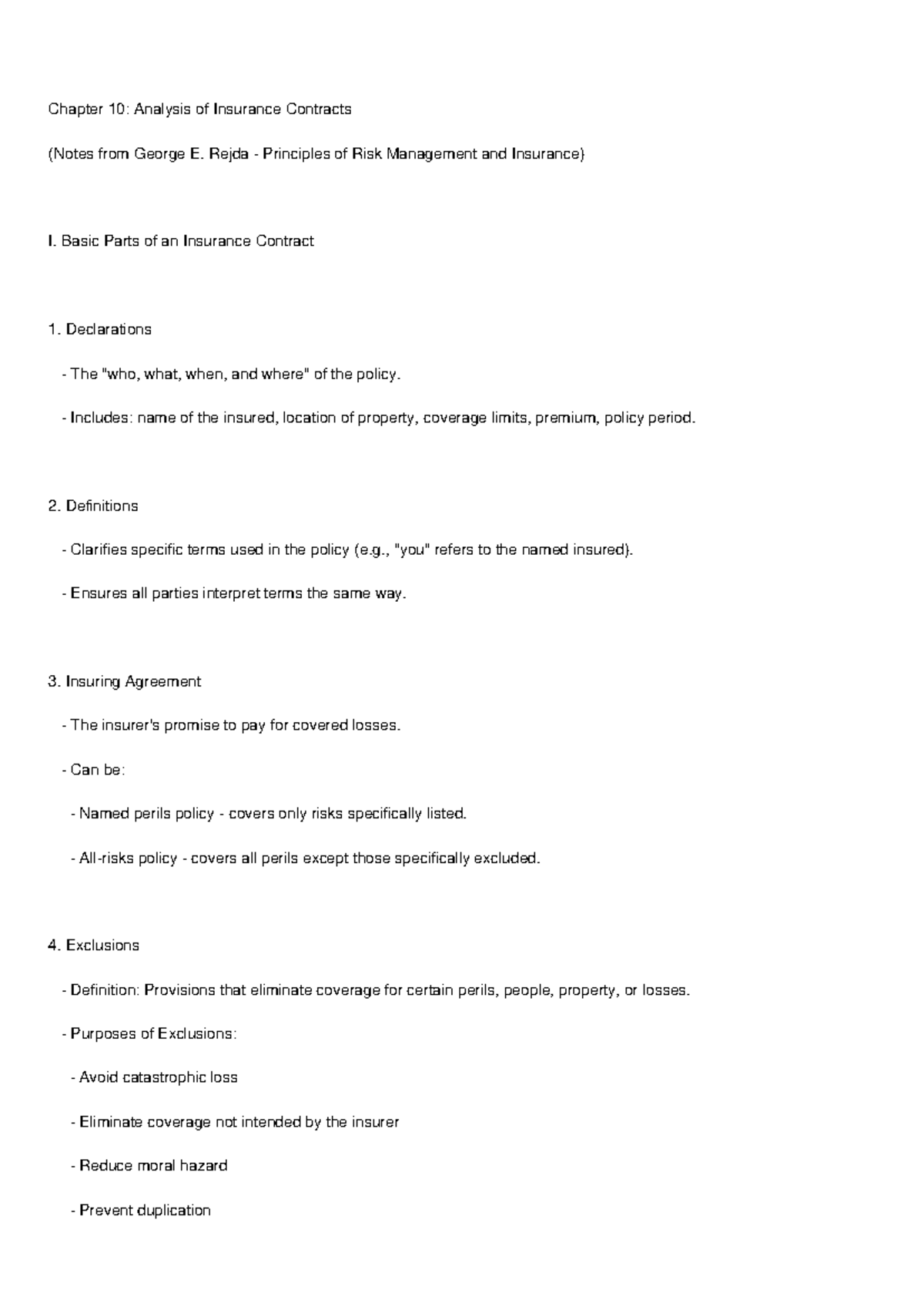 Chapter 10 Analysis of Insurance Contracts Notes - Rejda - Principles ...