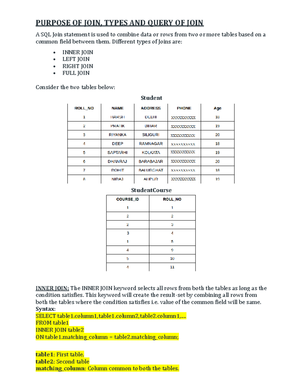 Database Concepts of JOIN (SQL) - Muqaddas Bin Tahir - Studocu