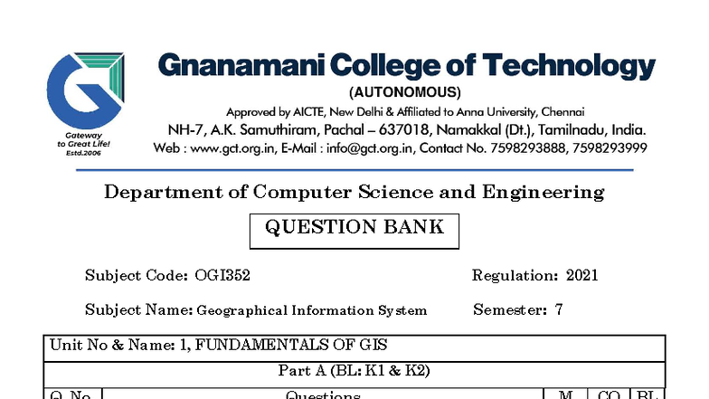 OGI352 - Geographical Information System - Comprehensive Question Bank ...