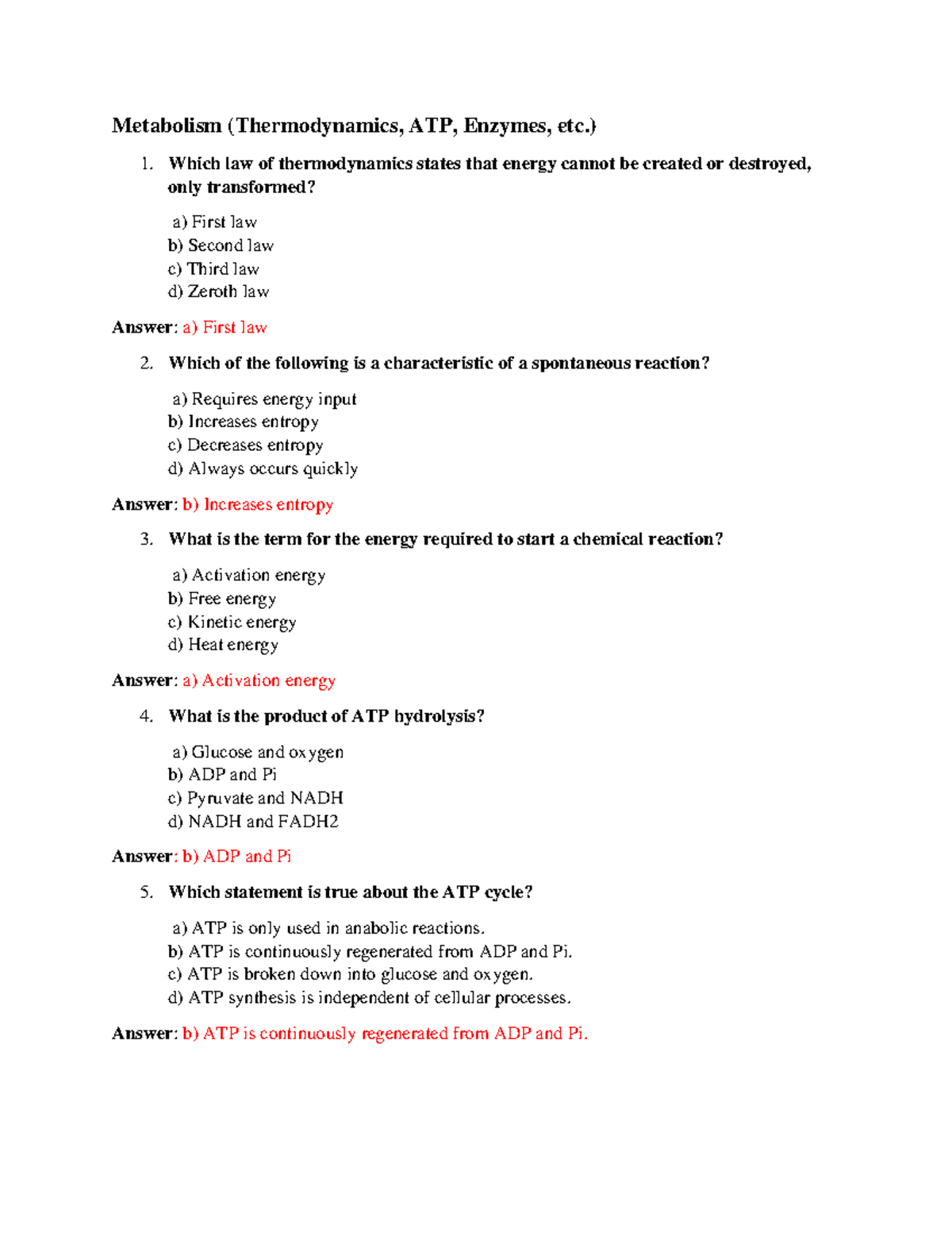 Exam 3 Review - Metabolism, Enzymes, Cellular Respiration ...