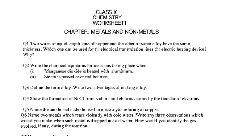 CBSE Class 10 Chemistry Worksheet 1: Metals and Non-Metals - Studocu