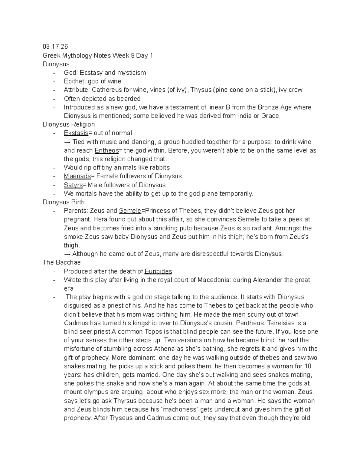 Greek Mythology Notes: Dionysus and The Bacchae - Studocu