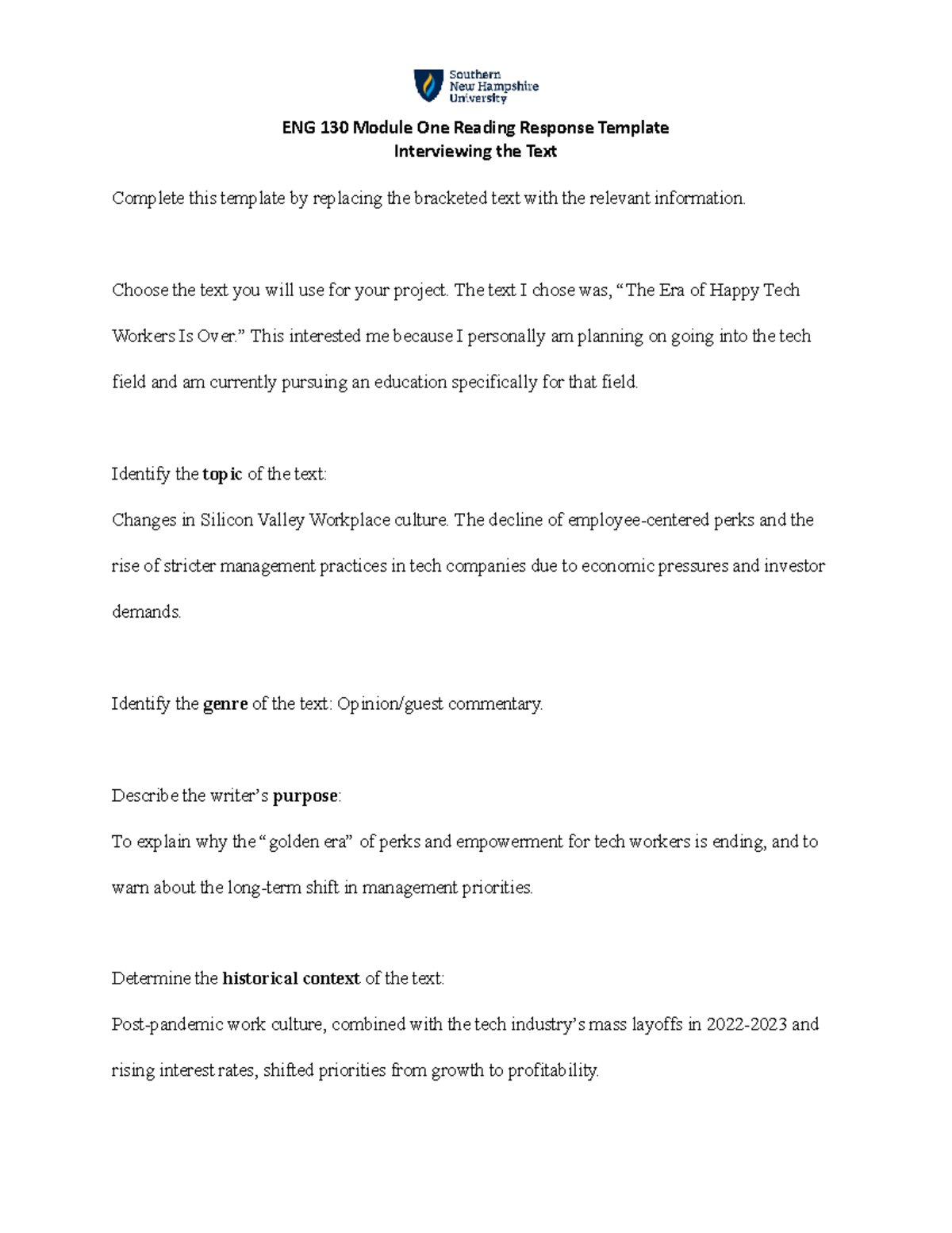 ENG 130 Module One Reading Response: Interviewing the Text - Studocu