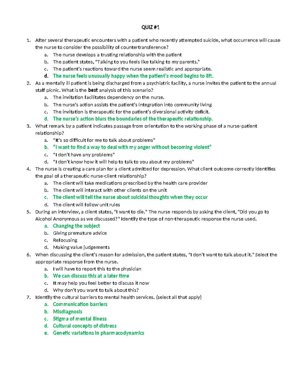 Nursing Quiz 1 (Mental Health & Therapeutic Relationships) - Studocu