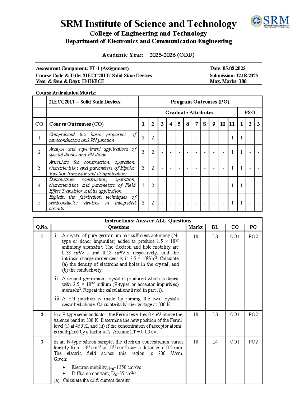 FT-I Assignment 21ECC201T: Solid State Devices Overview - Studocu