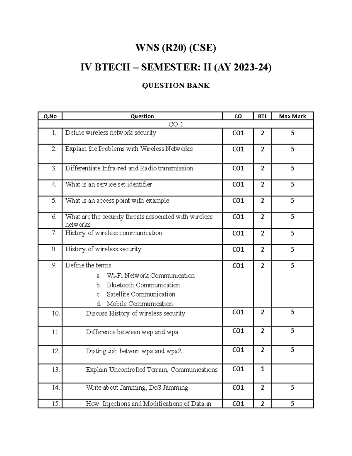 WNS (R20) CSE IV BTech Sem II Question Bank on Wireless Security - Studocu