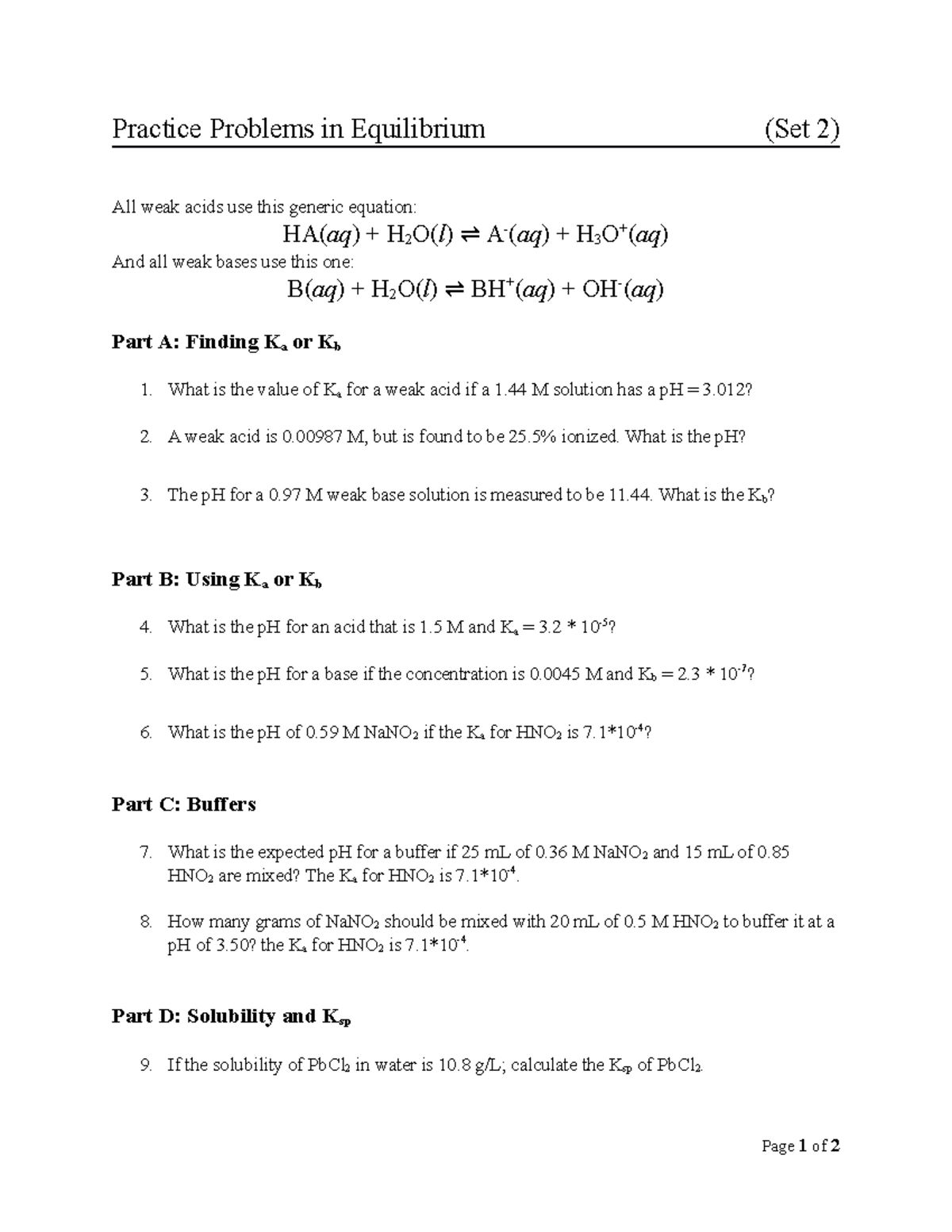 8 - Practice Problems in Equilibrium (Set 2) : Weak Acids & Bases - Studocu