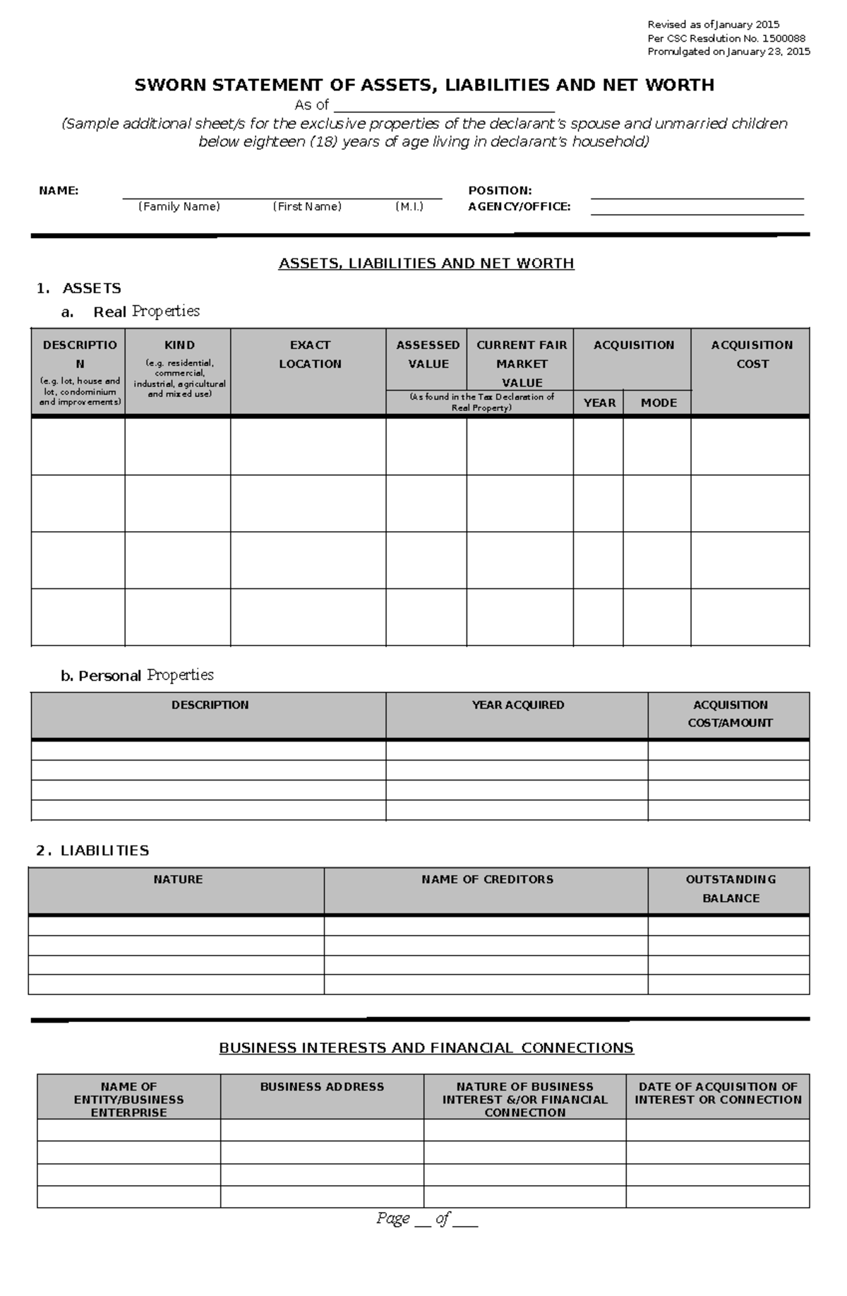 2015 SALN Additional Sheets - Revised as of January 2015 Per CSC ...