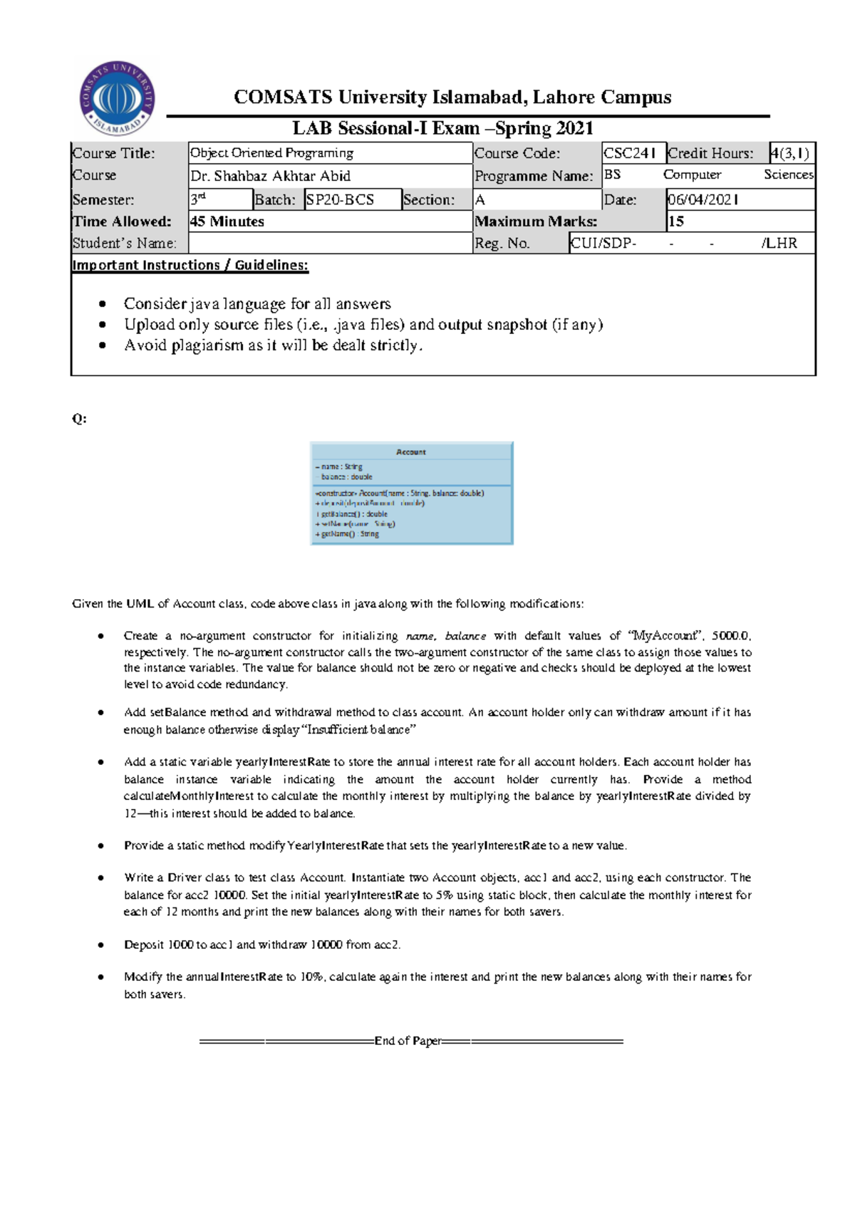CSC241 Lab Sessional-I Exam Spring 2021 - OOP Java Coding Task - Studocu