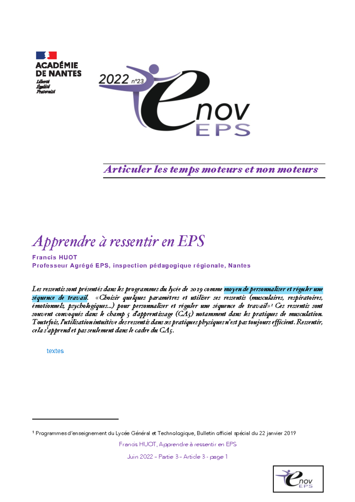 Apprendre à Ressentir en EPS - Article de Francis HUOT (E-nov EPS 23 P3 ...