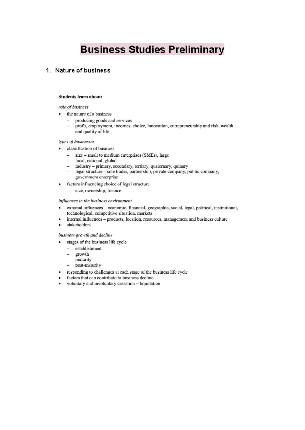 Business Studies Preliminary: Glossary of Key Terms and Concepts - Studocu