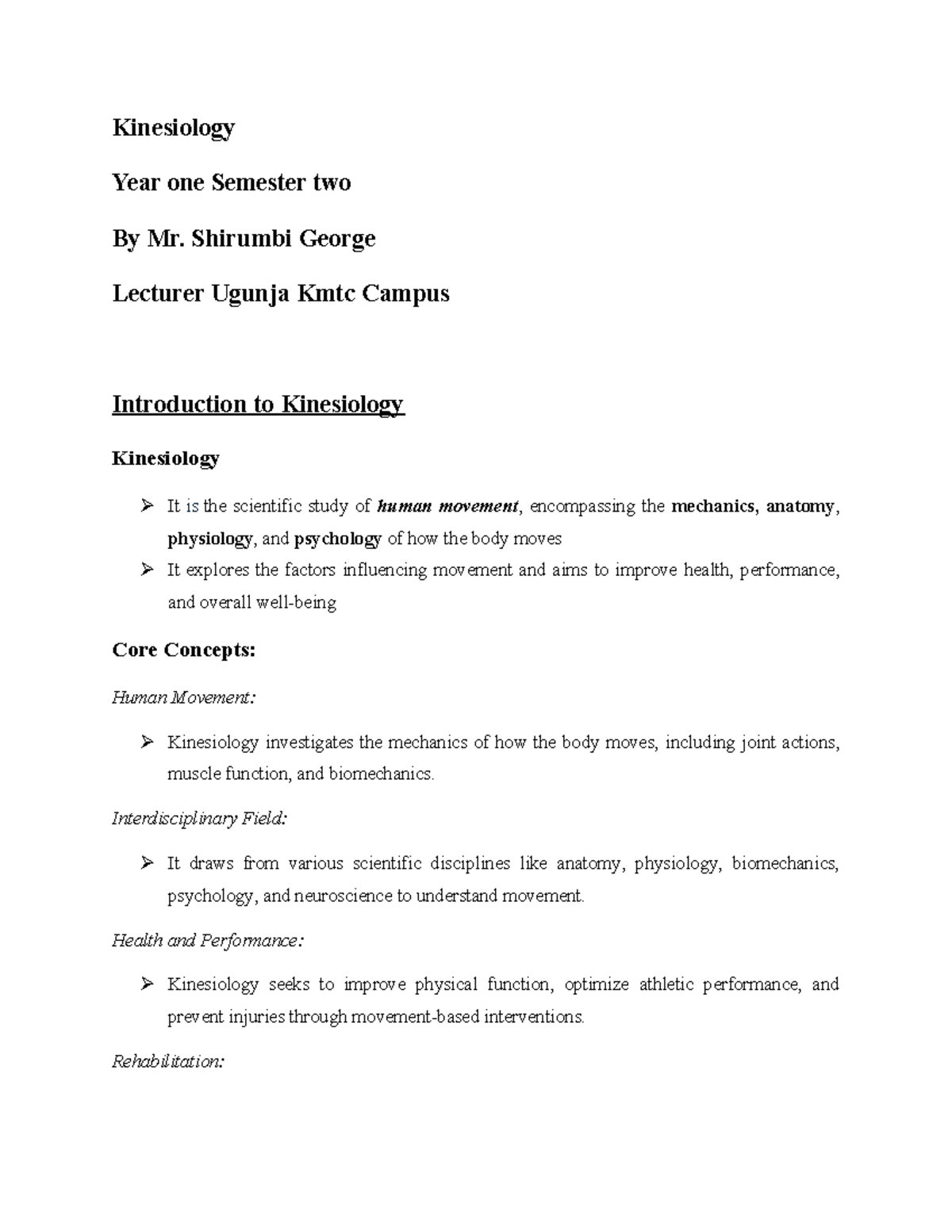 Kinesiology 101: Comprehensive Notes for Year 1, Semester 2 - Studocu