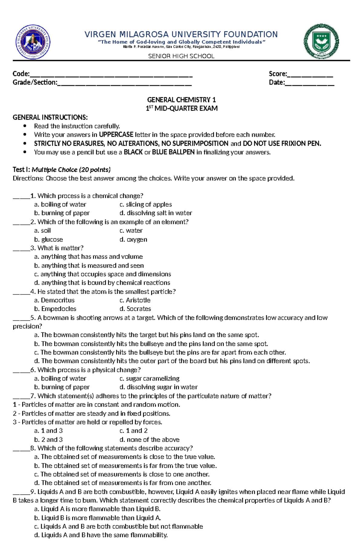 1st Mid-Quarter Exam Gen Chem 1 - VIRGEN MILAGROSA UNIVERSITY ...