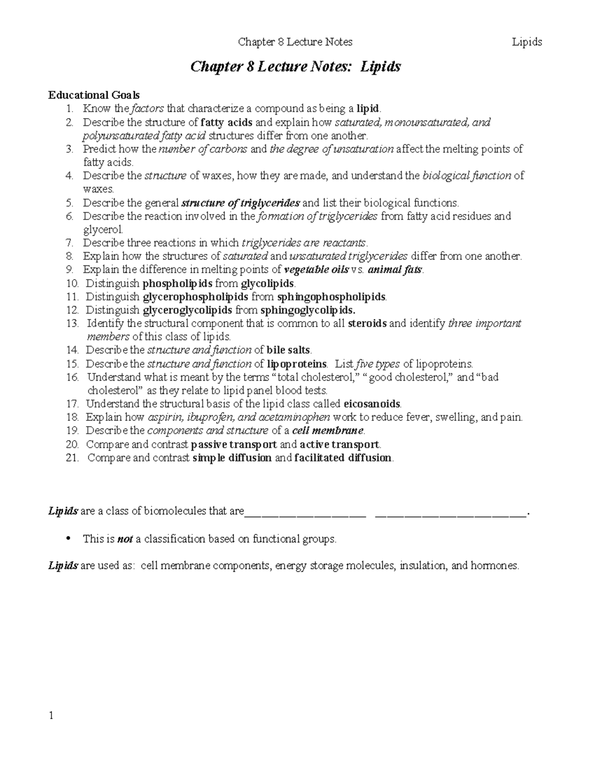 Chapter 8 Lecture Notes: Understanding Lipids and Their Functions - Studocu