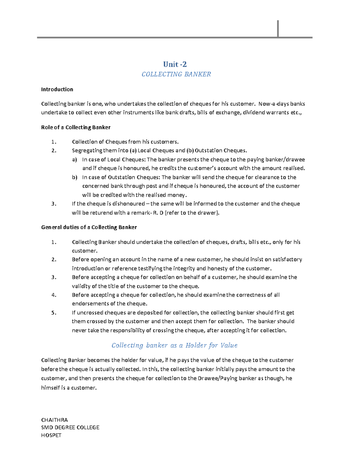 Banking UNIT-2: Notes on Collecting Banker Roles and Responsibilities ...