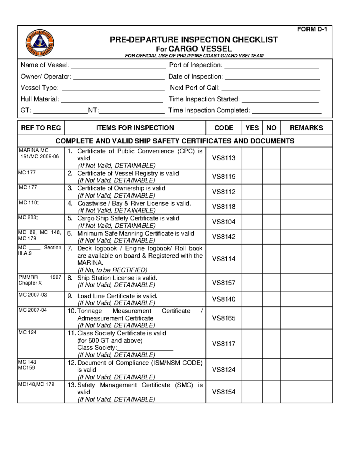 4 - Pre-Departure Inspection Checklist for Cargo Vessel (MC 2006) - Studocu