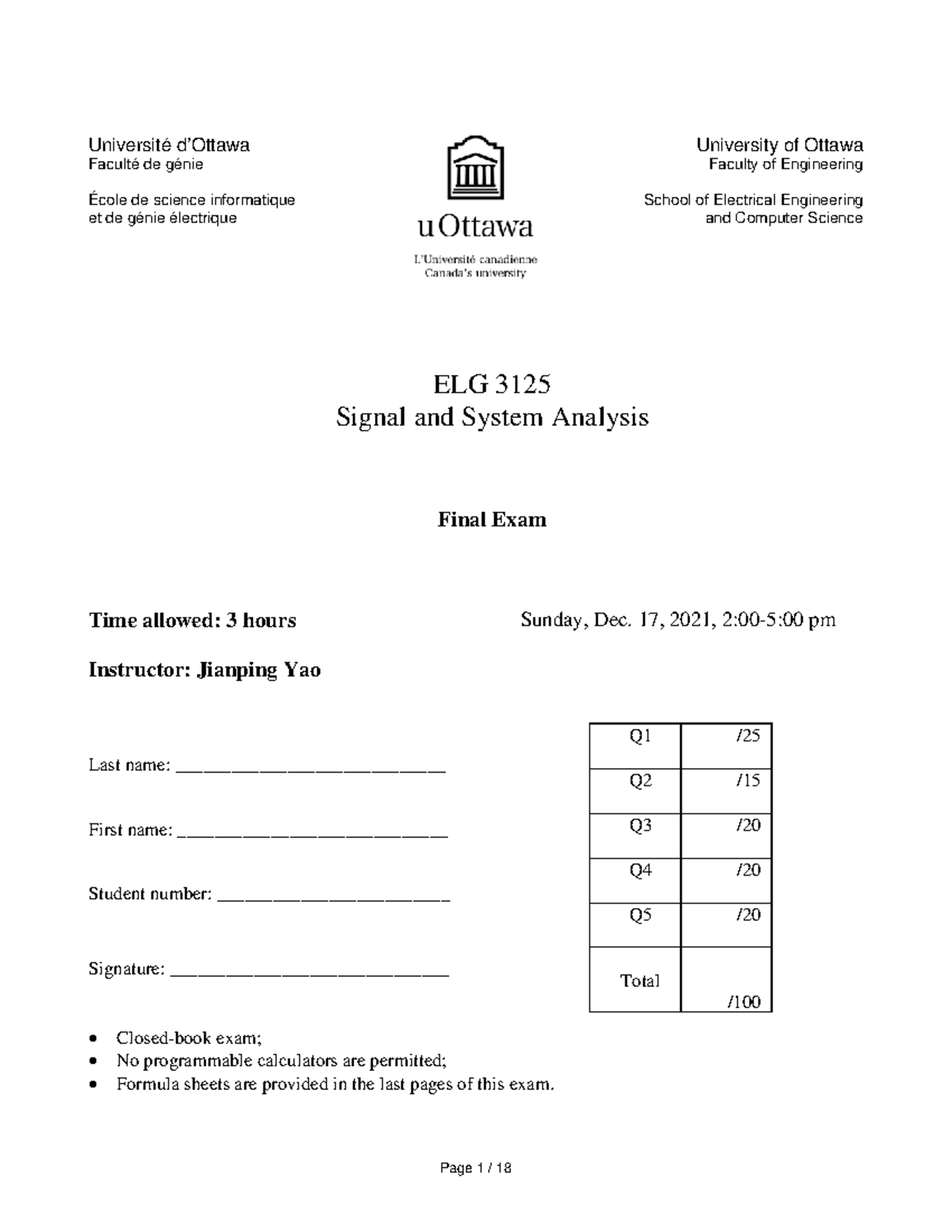 ELG3125 Signal and System Analysis Final Exam Guide 2021 - Studocu