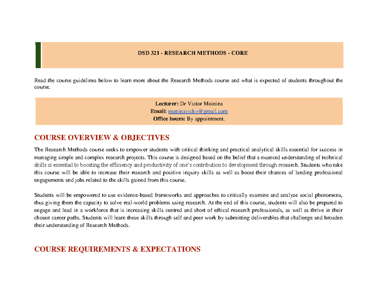 DSD 321 Research Methods Course Outline and Expectations - Studocu