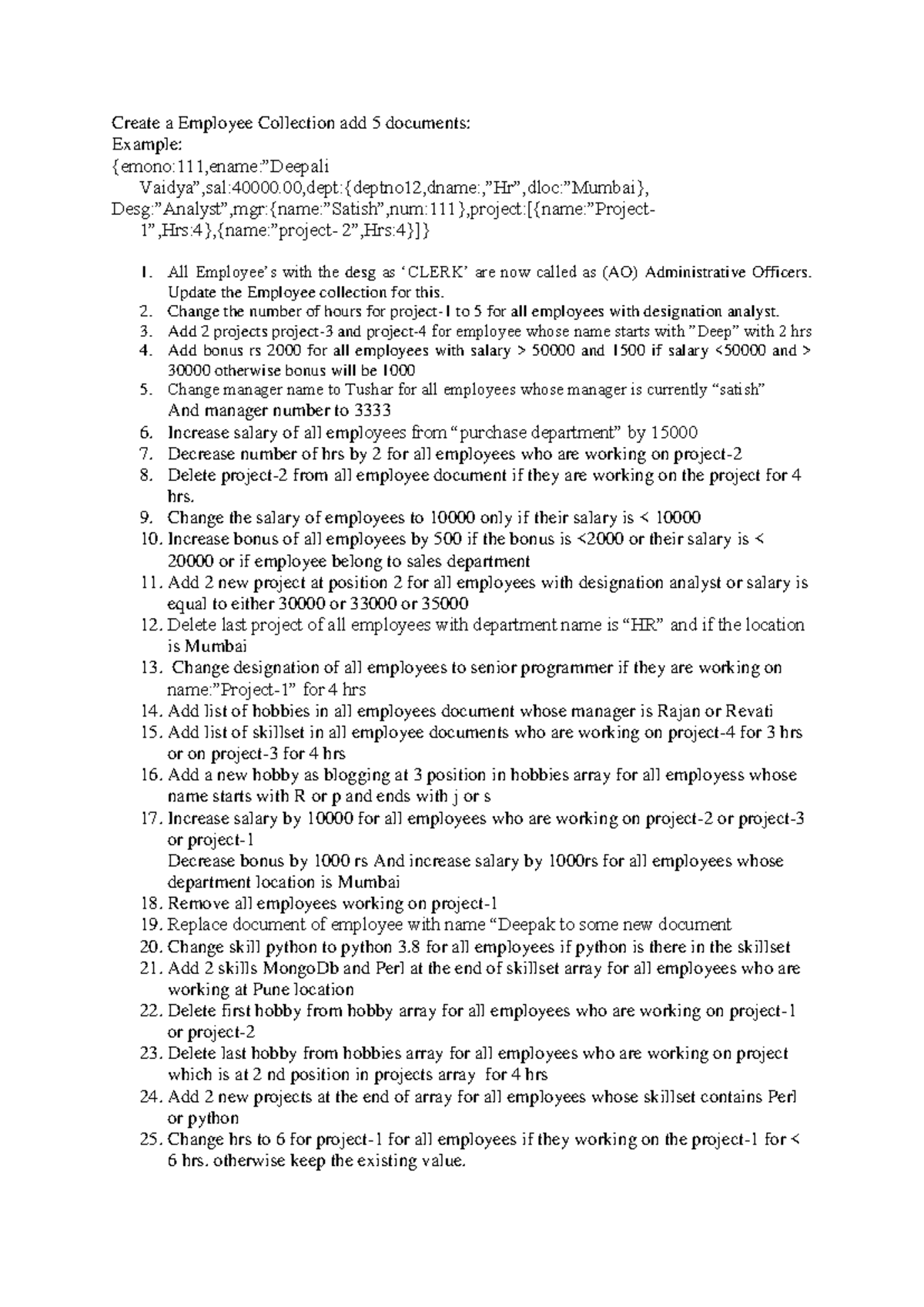 Mongodb assignment update 30 questions with. - Create a Employee ...