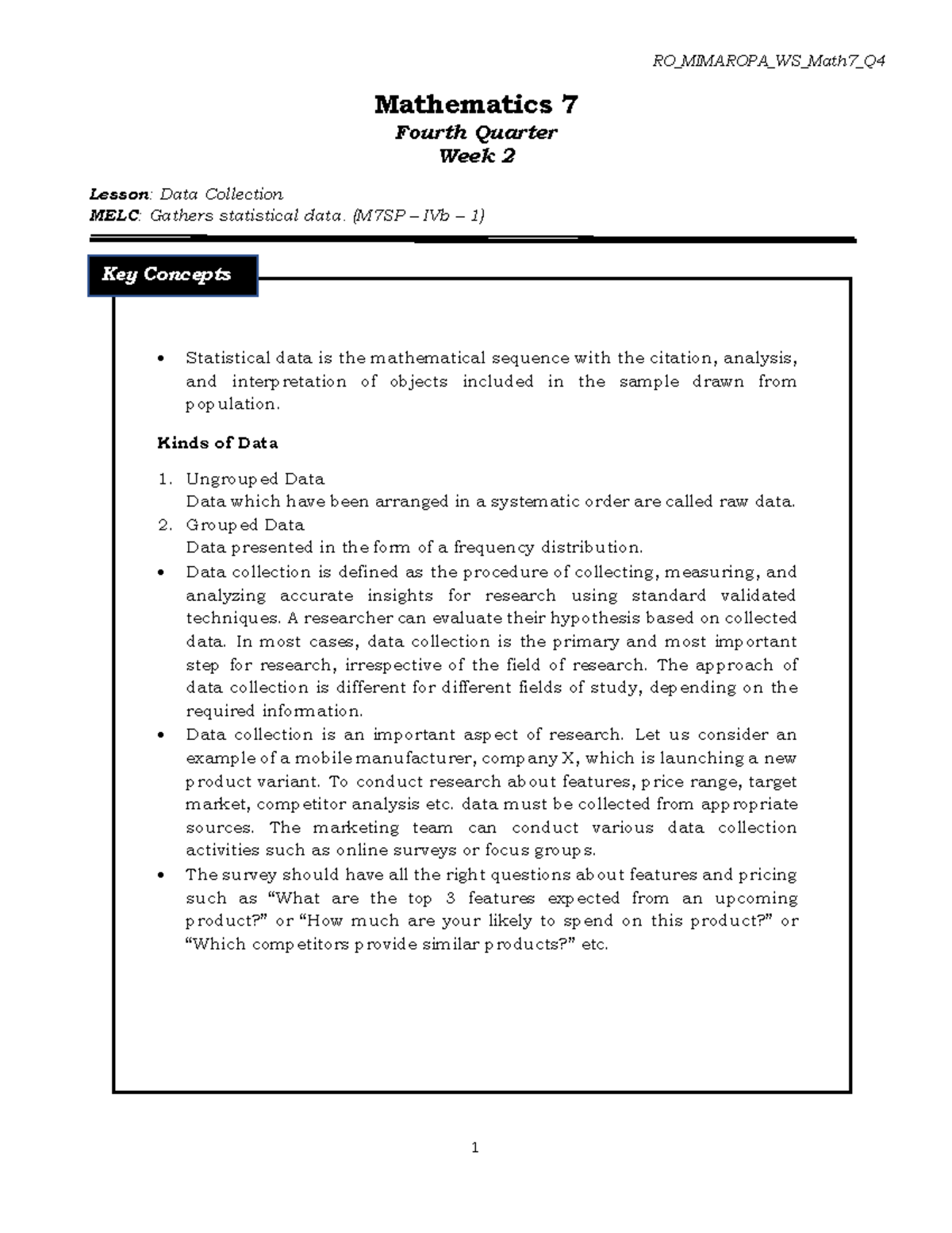 Math7WS Q4W2: Data Collection and Analysis in Statistics - Studocu