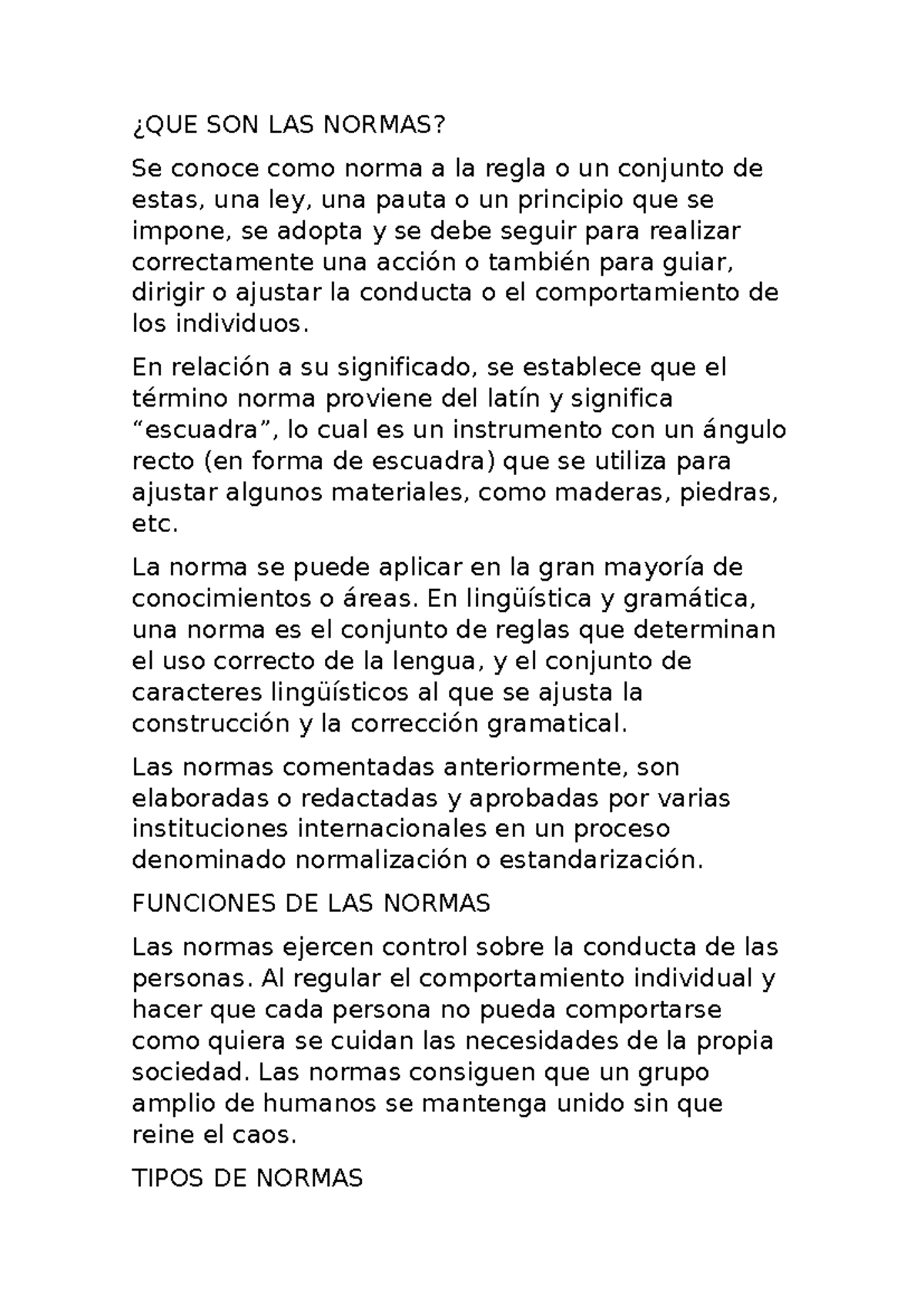 Importancia y Tipos de Normas: Definición y Funciones esenciales - Studocu