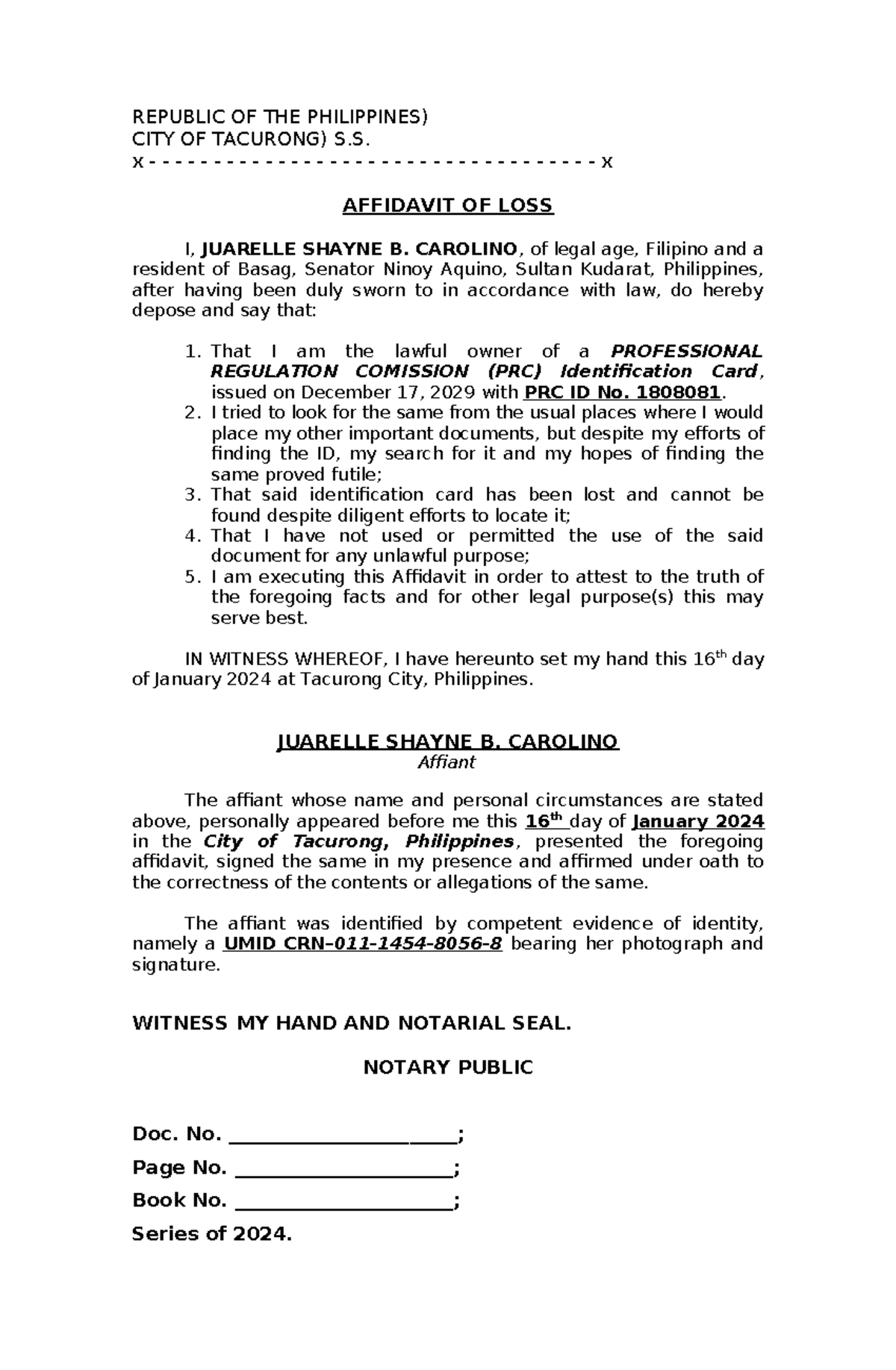 Affidavit of Loss - PRC ID No. 1808081 - Tacurong City - Studocu